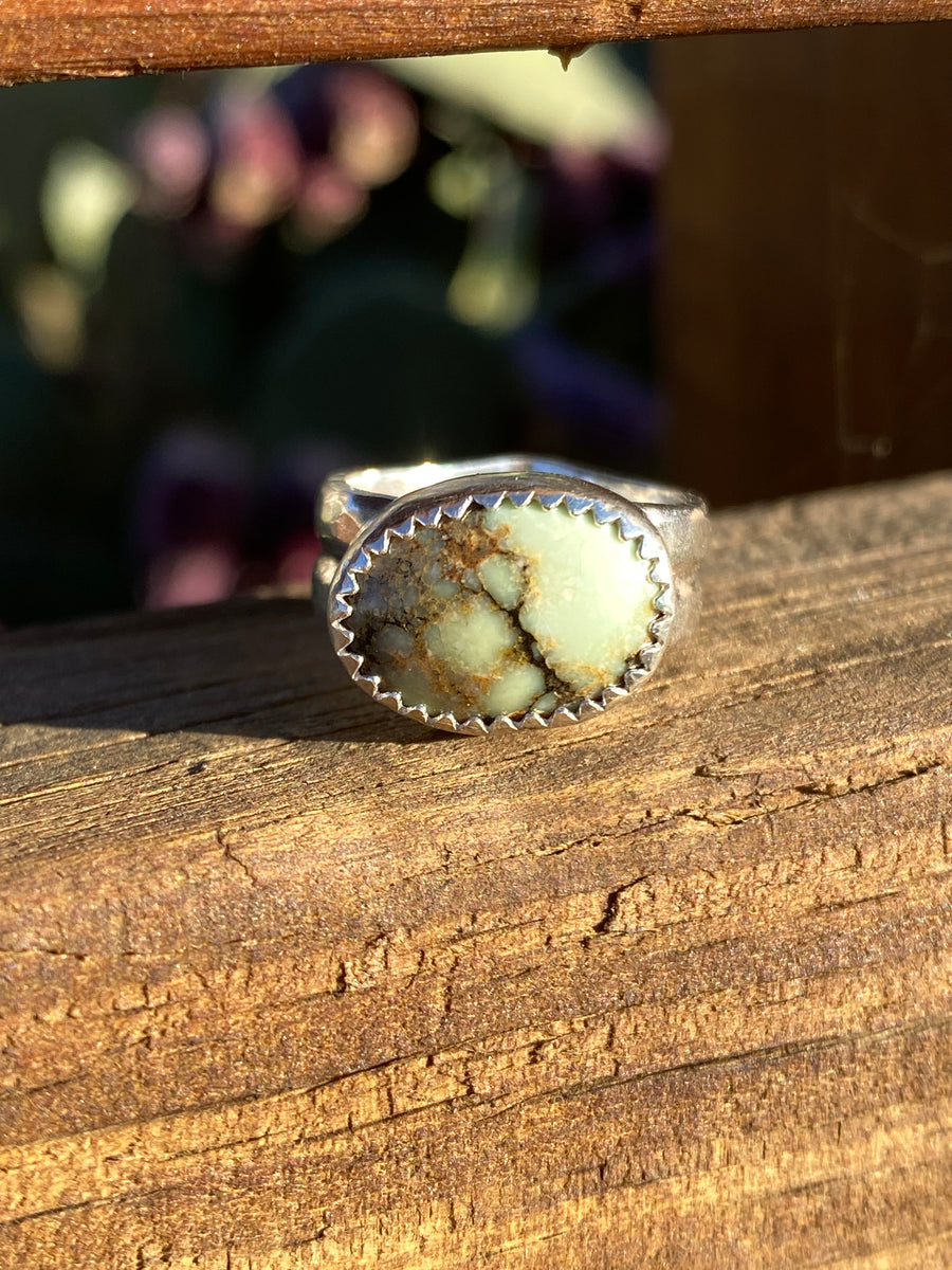Aloe Variscite Chunky Ring with Hammered Band—size 4/4.25 – Desert Adorned