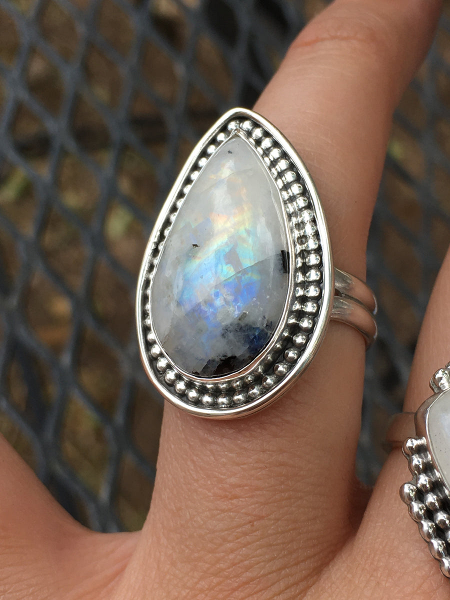 Long teardrop moonstone (rainbow flash+black tourmaline) ring - size 8 ...