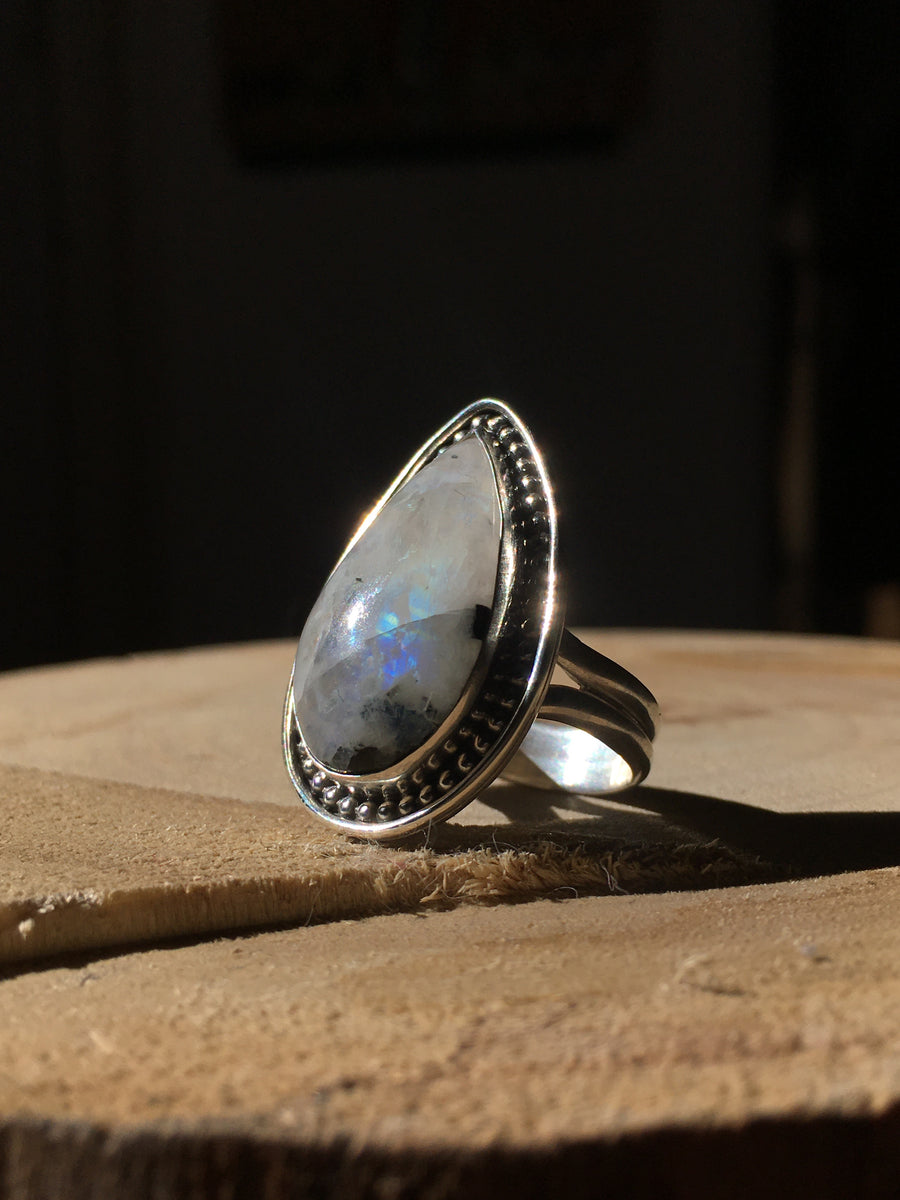 Long teardrop moonstone (rainbow flash+black tourmaline) ring - size 8 ...
